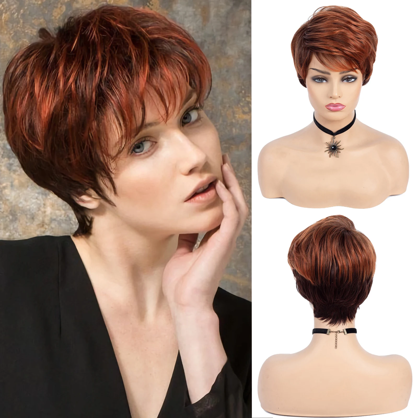 BCHR Short Pixie Cut Wig Copper Red Synthetic Wigs with Side Bang Dark ...