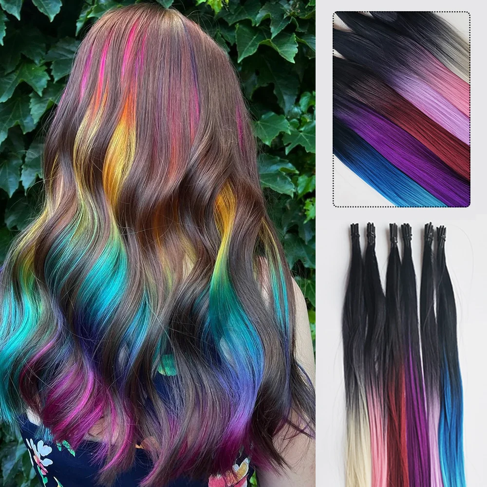 I-Tip-Long-Straight-Hairpieces-Rainbow-Color-Hair-Extensions-Synthetic ...
