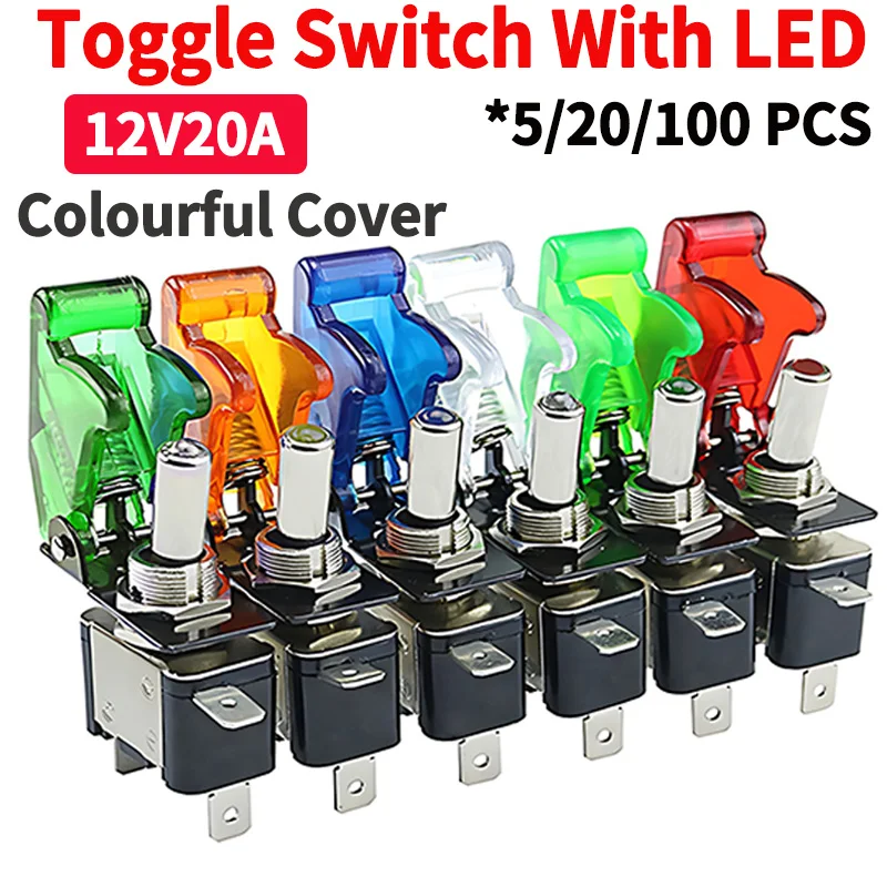5-20SETS-12V20A-SPST-Toggle-Rocker-Switch-LED-Switch-With-Protective ...
