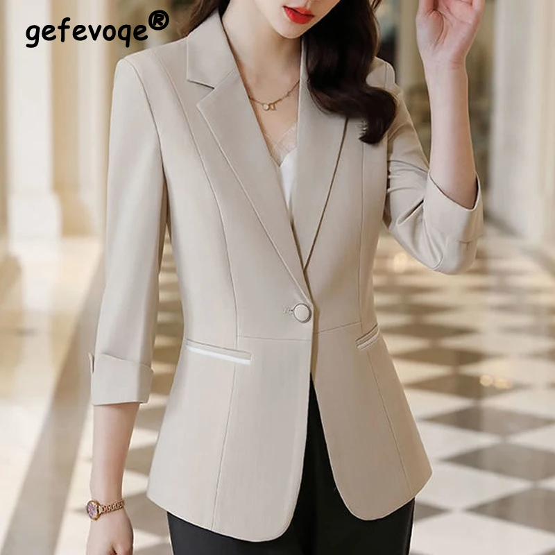Spring-Summer-Women-Elegant-Business-Casual-Single-Button-Blazer-Jacket ...