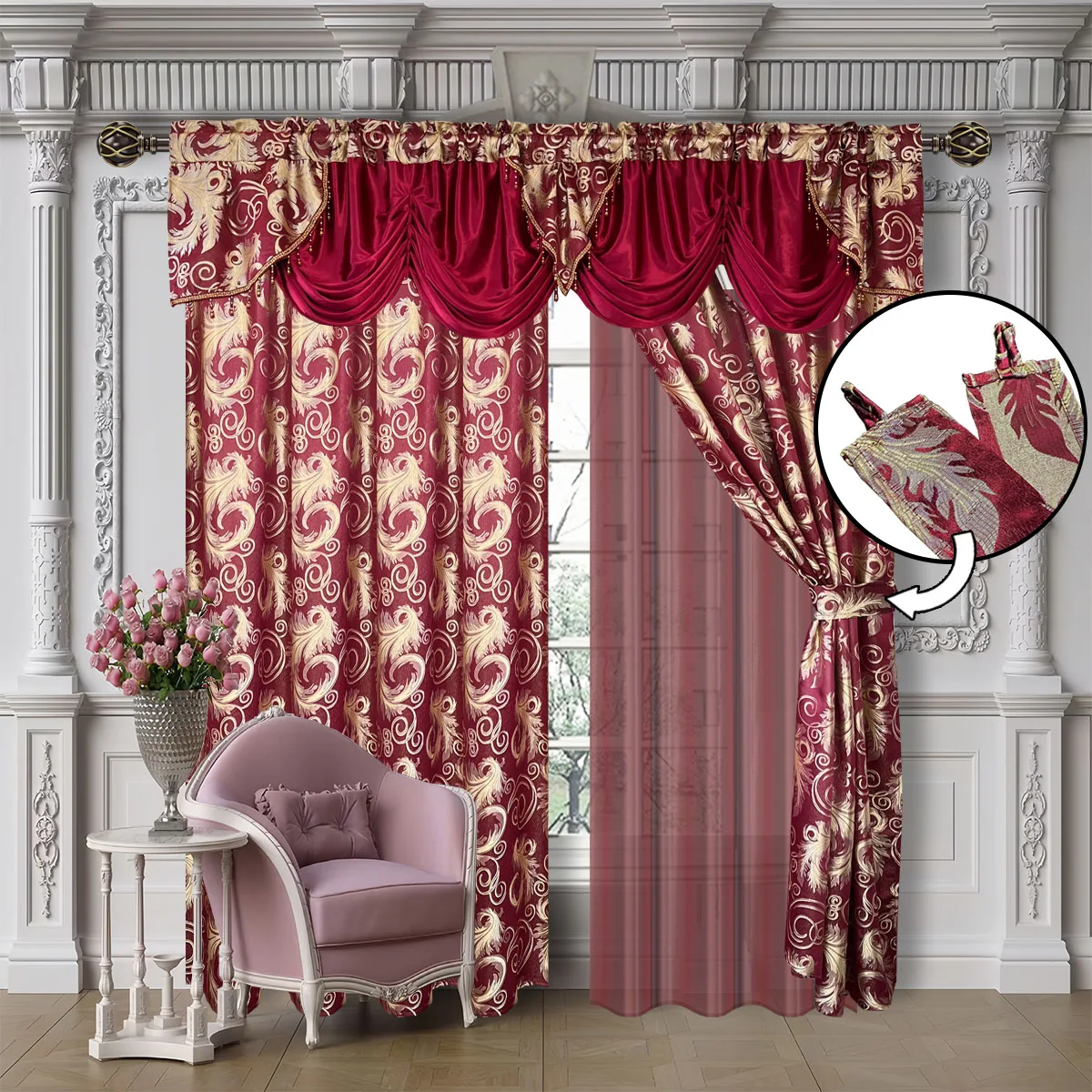 1 Set Jacquard Luxury Curtains with valance, transparent backing and 2 ...