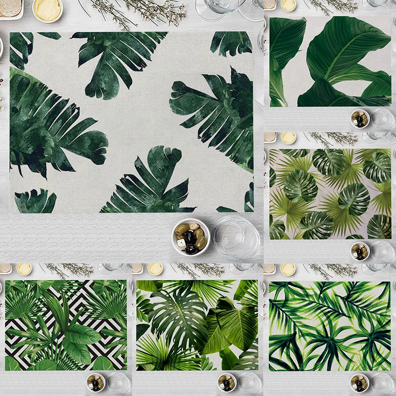 32x42cm-Tropical-Plant-Cotton-Linen-Kitchen-Placemat-Green-Leaves ...