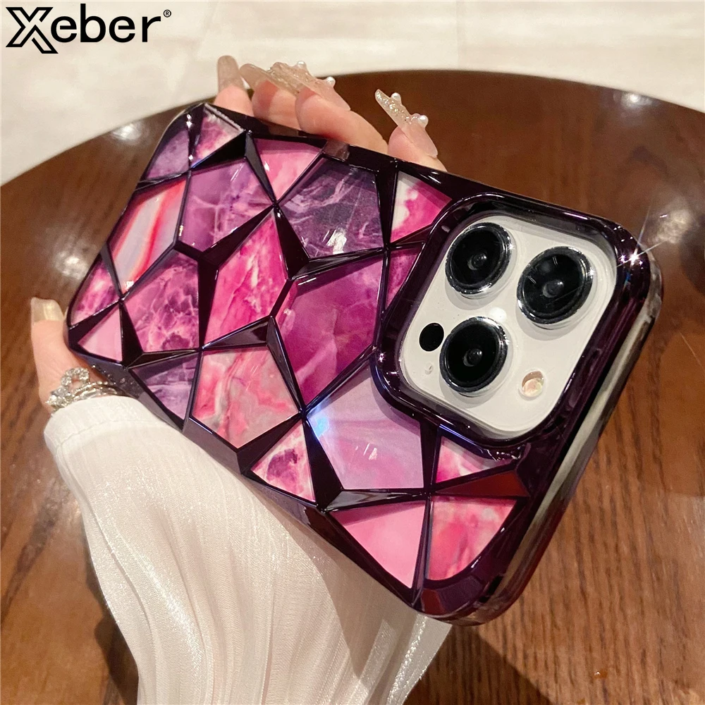 Luxury-Plating-Colorful-Marble-Geometric-Diamond-Lattice-Case-For ...