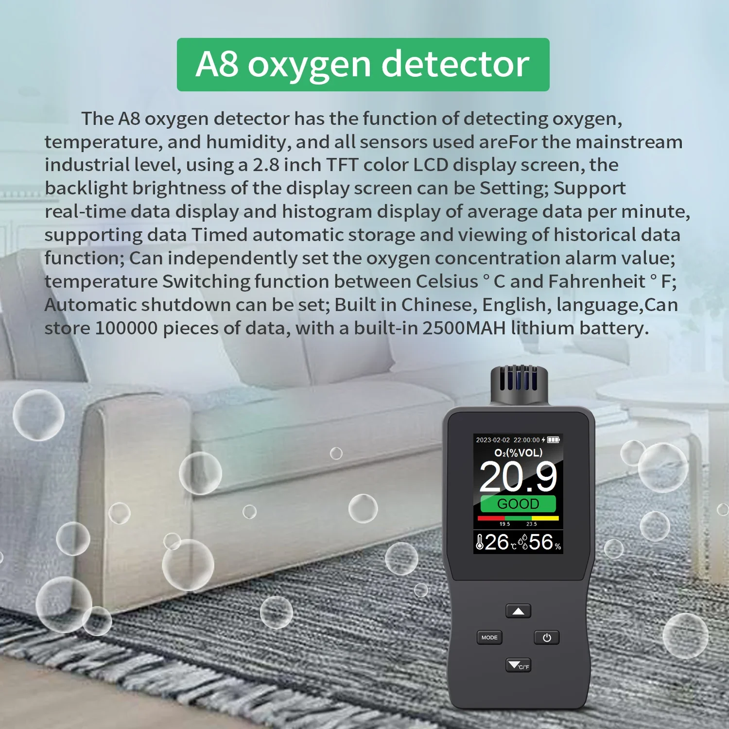 A8 Handheld Oxygen Concentration Detector Content Monitor Oxygen ...