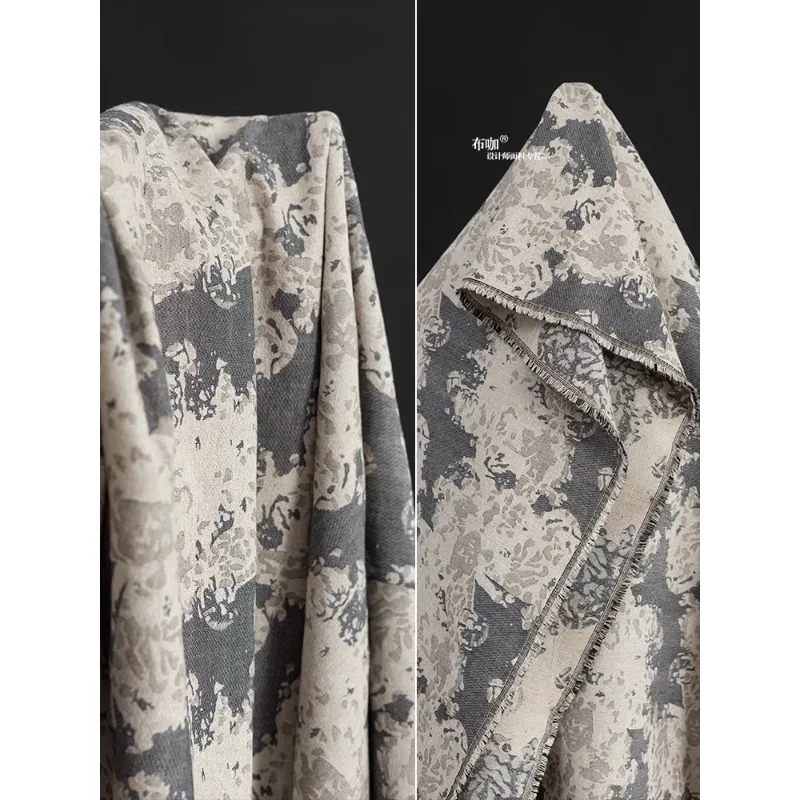 Dark-Flower-Scars-Cotton-Linen-Washed-Jacquard-Gray-Blue-Fabric-Coat ...