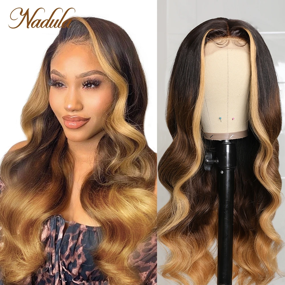 Nadula Hair Highlight Brown Wig Body Wave Human Hair Lace Part Wig Dark ...
