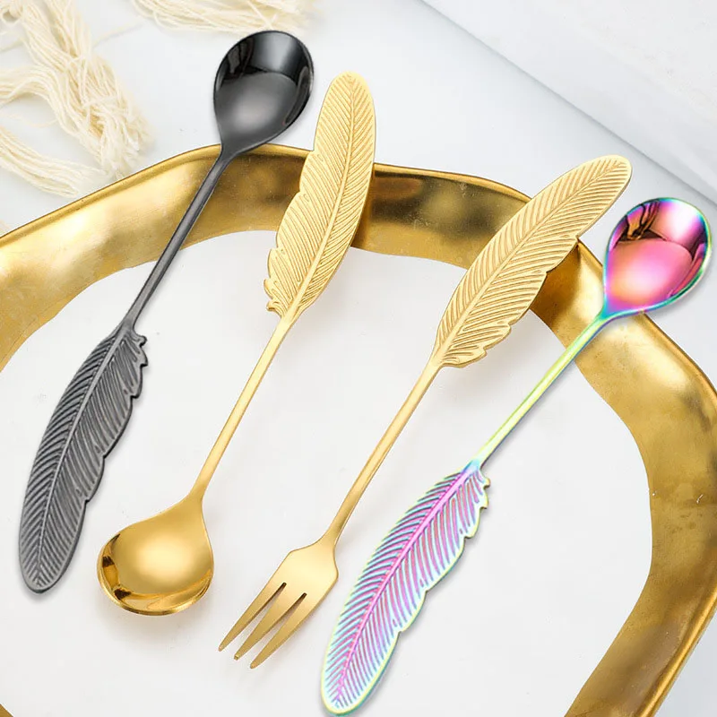 Stainless-Steel-Dessert-Spoon-Fork-Feather-shaped-Spoon-Fork-Coffee ...