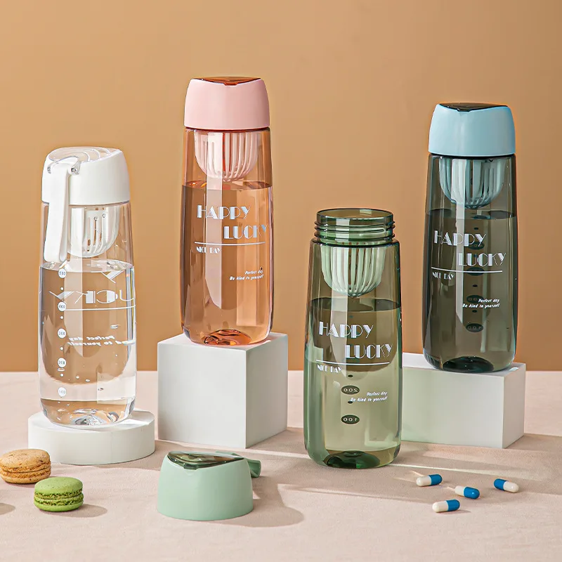 Water-Bottle-with-Pill-Box-Filter-Plastic-Transparent-Band-Scale ...