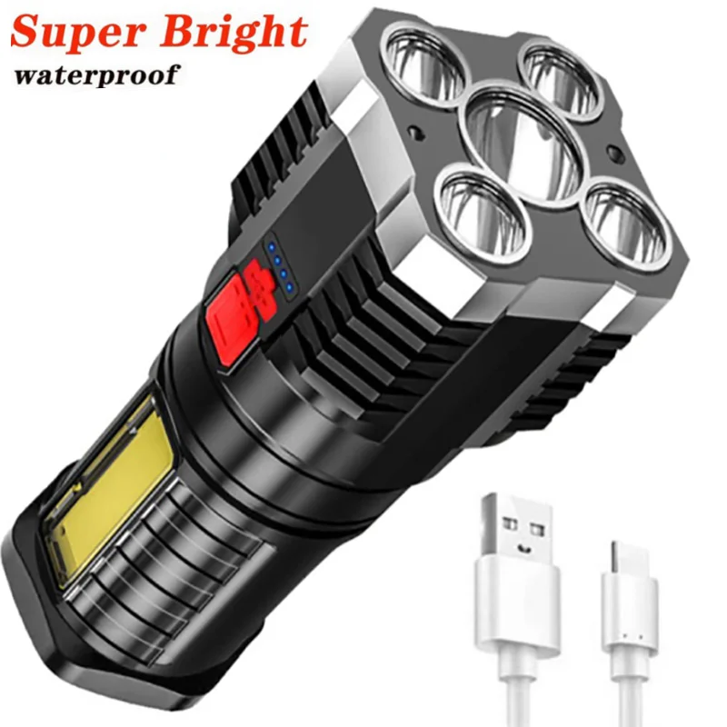 Flashlight-USB-Recharge-5-LED-Light-COB-Side-Light-Power-Display ...