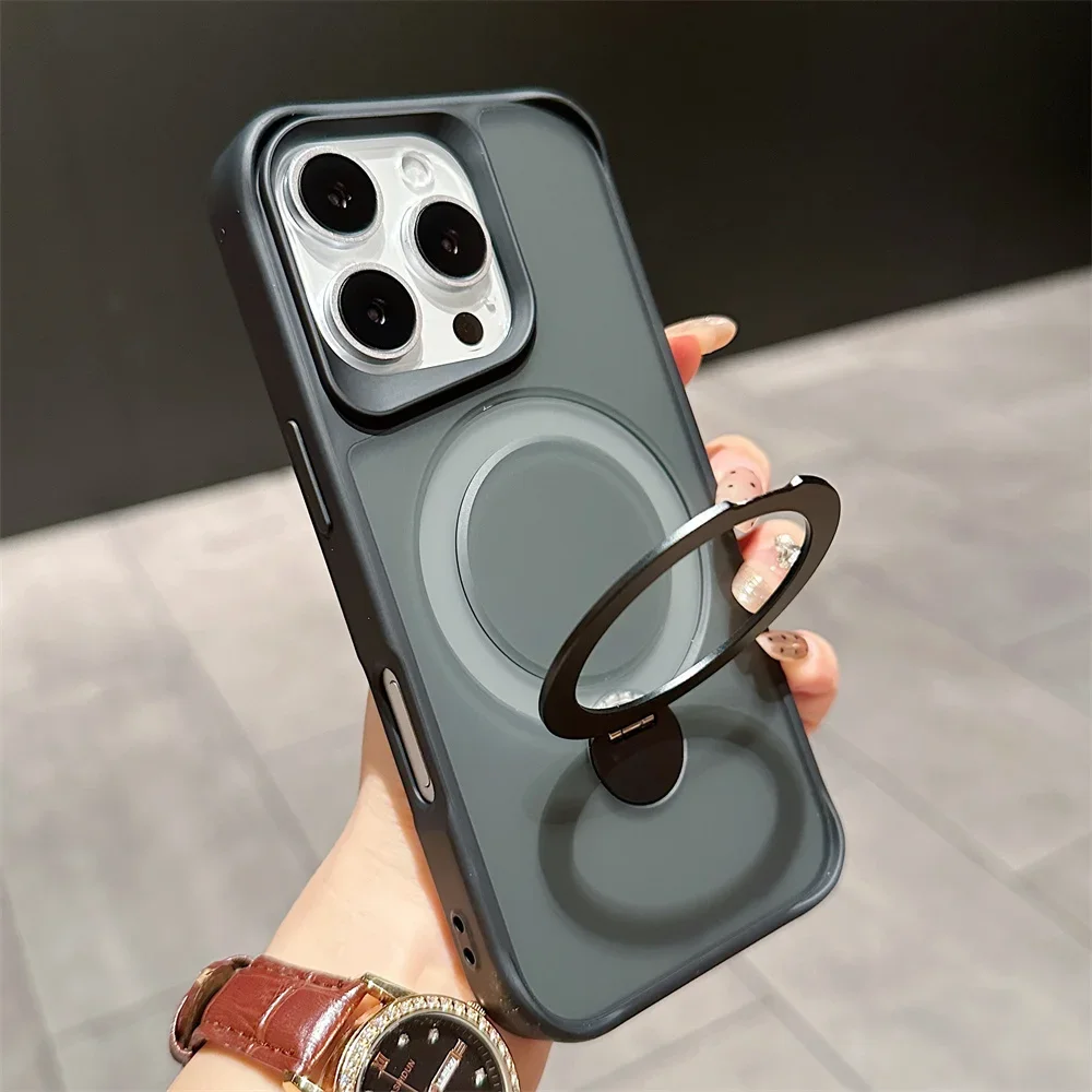 Magnetic Bracket Frosted Transparent Case For iPhone 16 Pro Max Fold ...