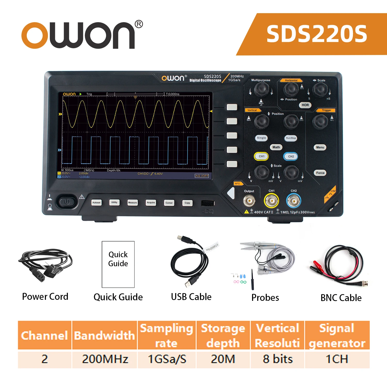 OWON SDS220S Scope OWON SDS220S Oscilloscope - 200MHz Bandwidth, 2+1 ...