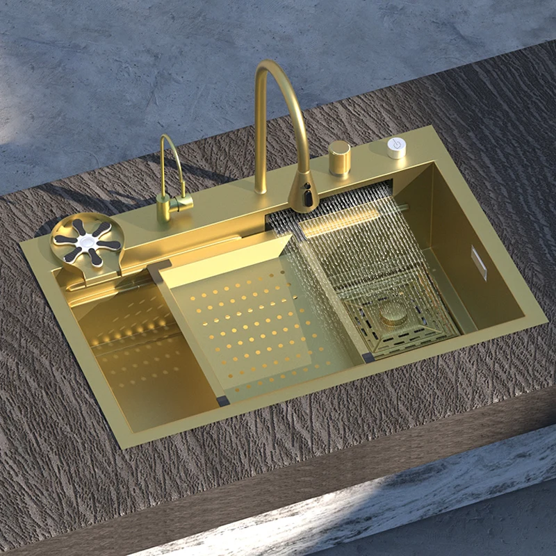 Waterfall-Sink-Gold-Kitchen-Dishwasher-Basin-Stainless-Steel-Large ...