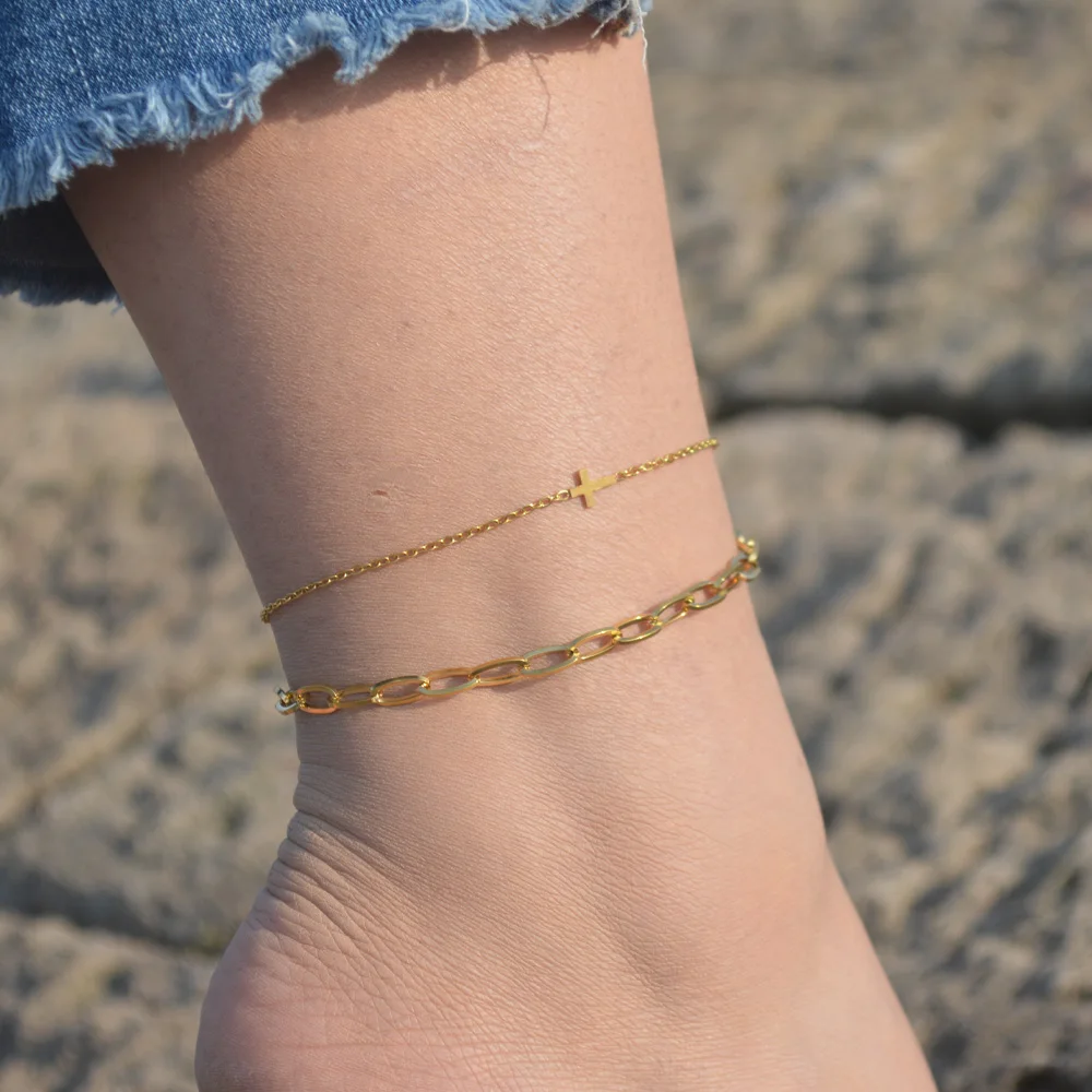 2024-New-Gold-Color-Stainless-Steel-Anklets-Chain-For-Women-Layered ...