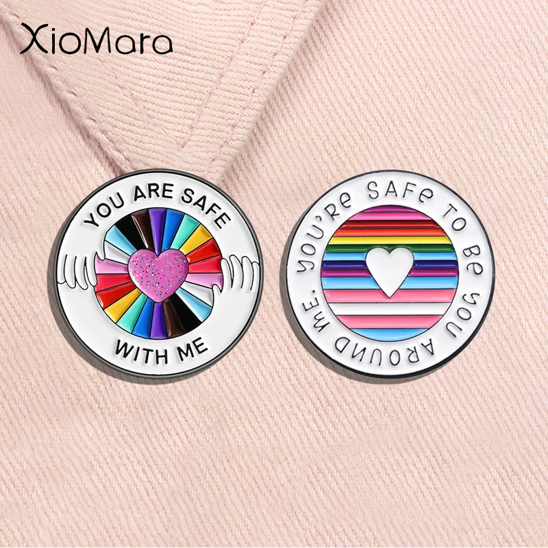You Are Safe With Me Enamel Pin LGBT Pride Rainbow Heart Brooches Lapel ...