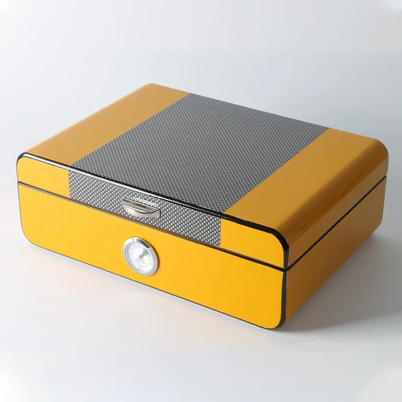 Yellow-carbon-fiber-cigar-moisturizing-box-with-front-hygrometer-cedar ...