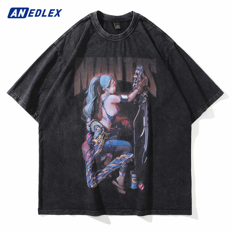 Distressed-Oversized-T-Shirt-Men-Hip-Hop-Japanese-Anime-Girl-Print ...