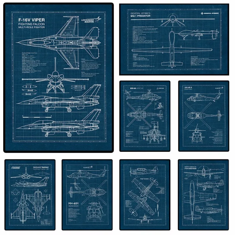 Fighter Jet Airplane Aviation Blueprint Poster F-16 Fighting Falcon F ...