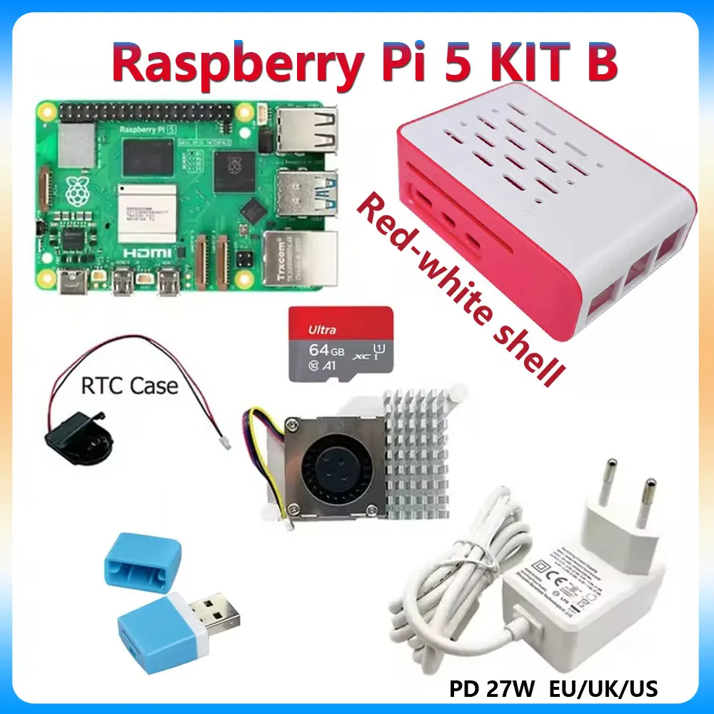 Raspberry-Pi-5-8GB-4GB-Kit-PD-27W-Power-Red-White-Case-64GB-Card-Card ...