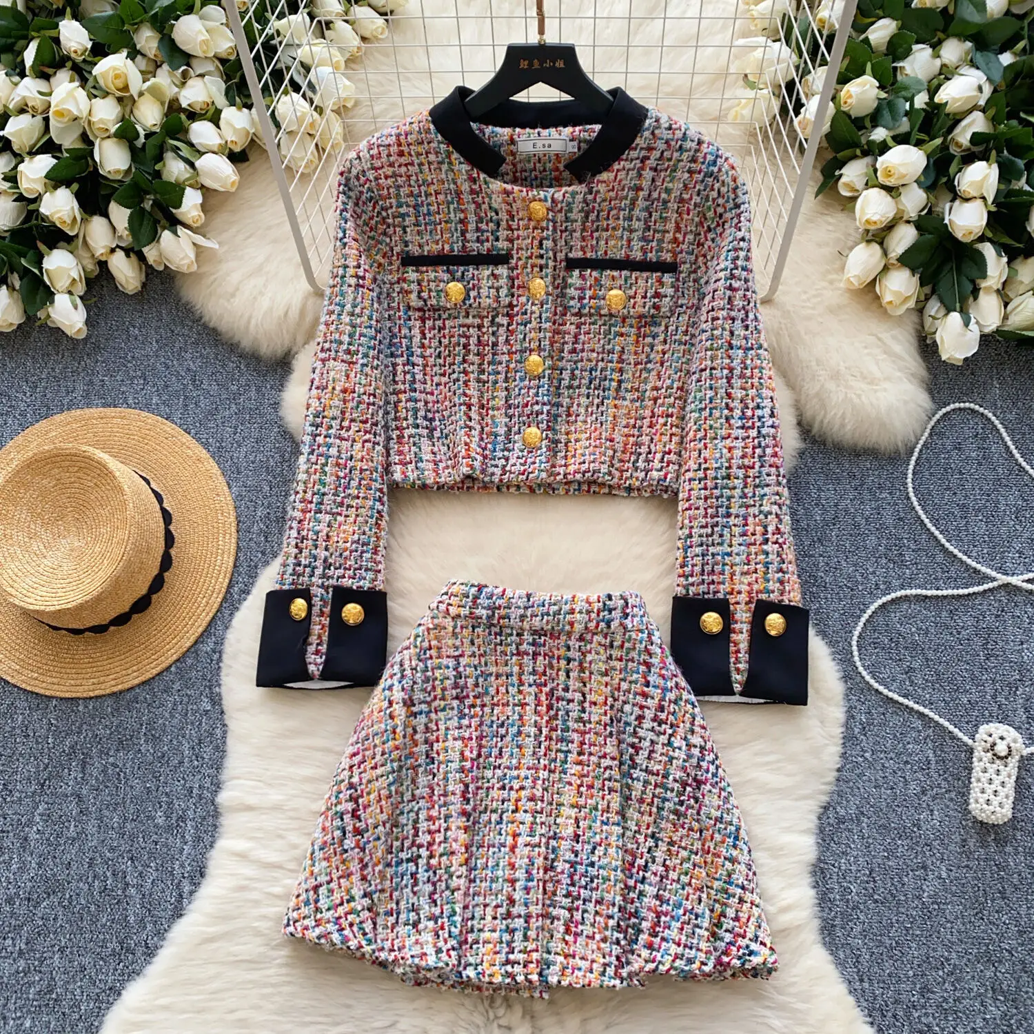 High Quality French Tweed Two Piece Set Lady Sweet Fashion Short Jacket ...