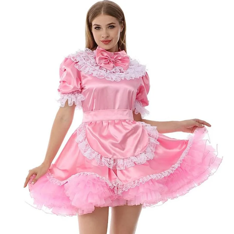 Sexy Girl Pink Thin Satin Girly Dress Short Sleeved White Lace Trimmed Organza Lining Maid Role ...