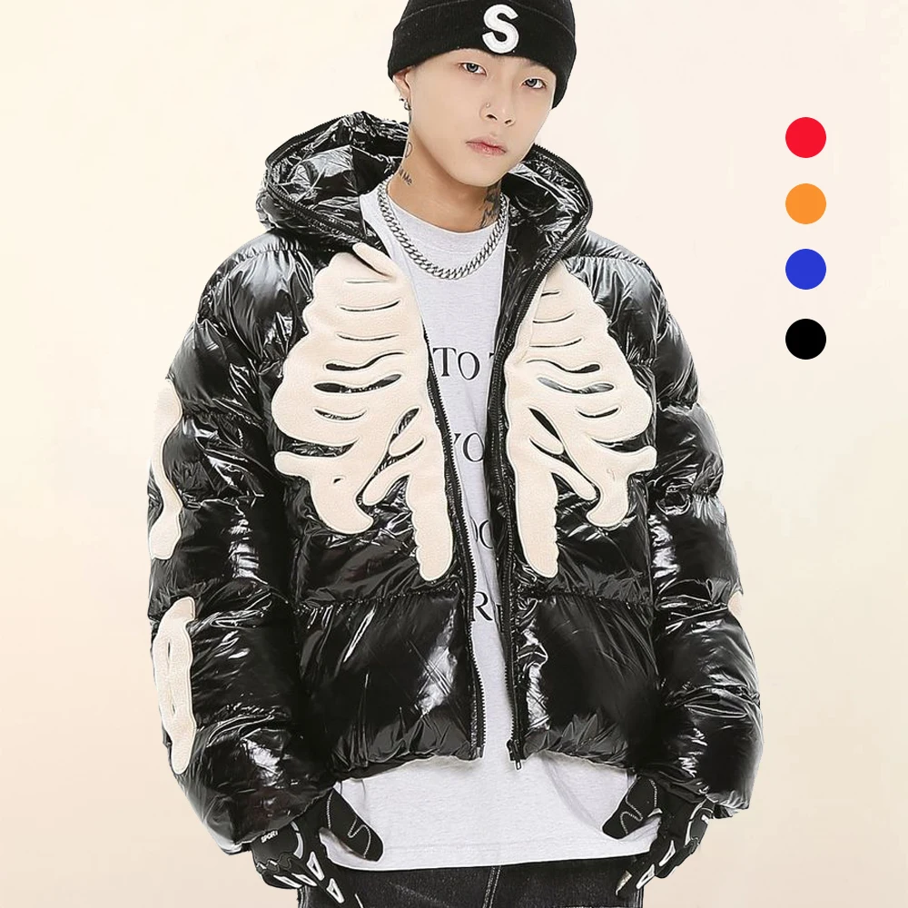 Hooded-PU-Puffer-Jacket-Men-Winter-Rib-Skeleton-Patch-Parkas-Hip-Hop ...