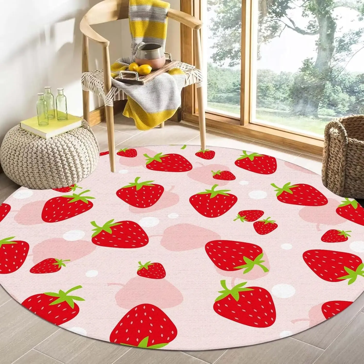 Round Strawberry Pattern Pink Carpet Children's Room Decoration Carpet ...