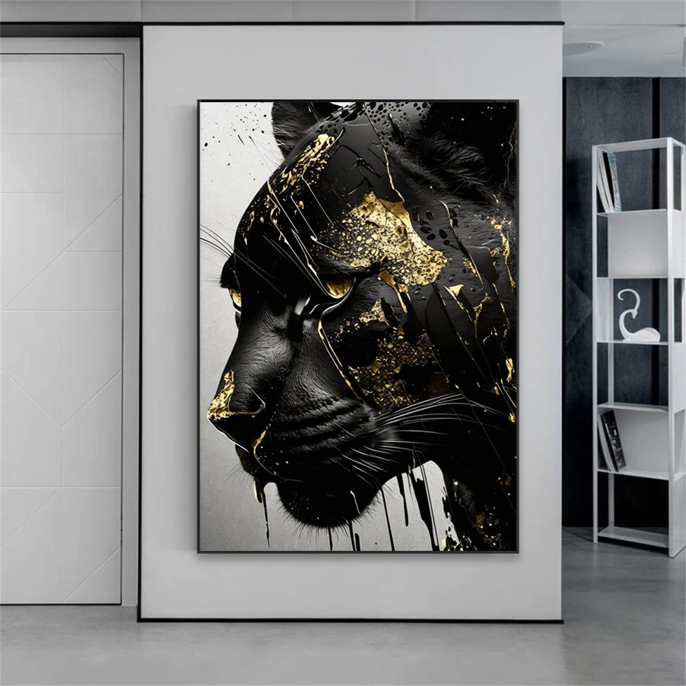 Modern-Black-and-Golden-Poster-Black-Panther-Art-Abstract-Large-Animal ...