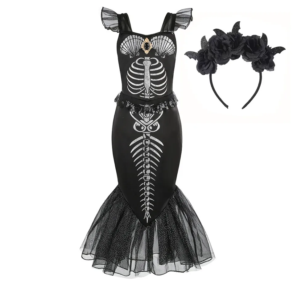 Disfraz de esqueleto de sirena de terror para niñas pequeñas, vestido ...