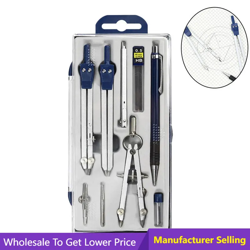 Drawing-Compass-9-Pieces-Math-Geometry-Kit-Set-Metal-Compass-Geometry ...