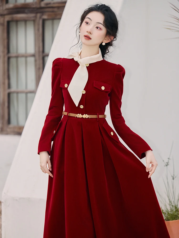 French Retro Red Party Dresses for Women Fashion Single Breasted Long ...