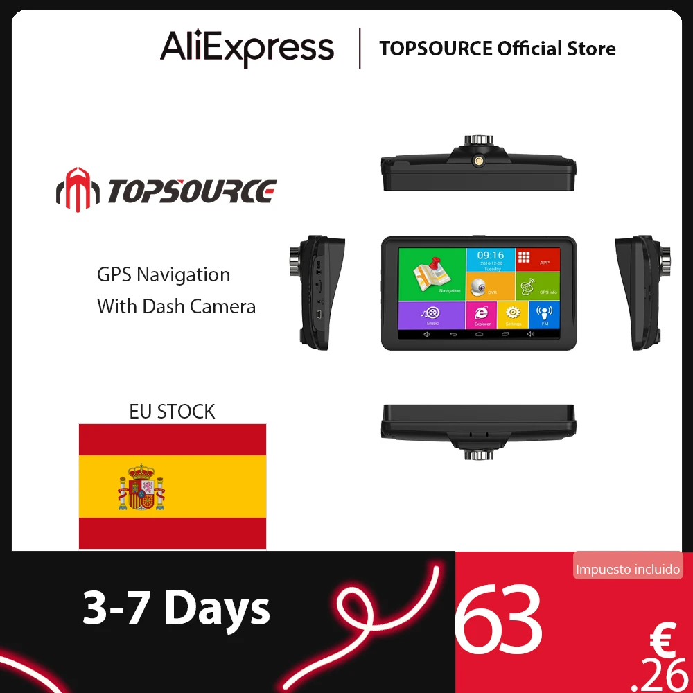 TOPSOURCE Europe 7 Inch Touch Screen Car GPS Navigation With Dash ...