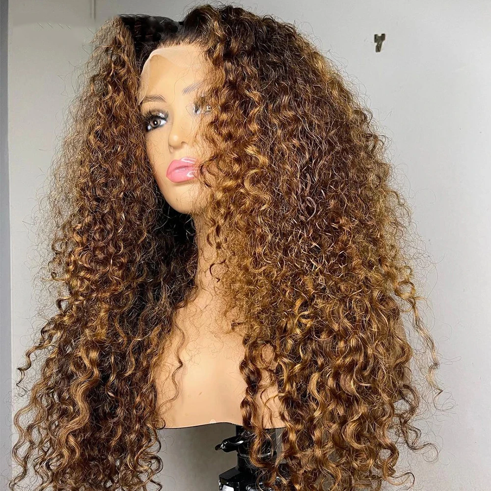 Peluca de cabello humano rizado de color rubio miel, postizo de encaje ...