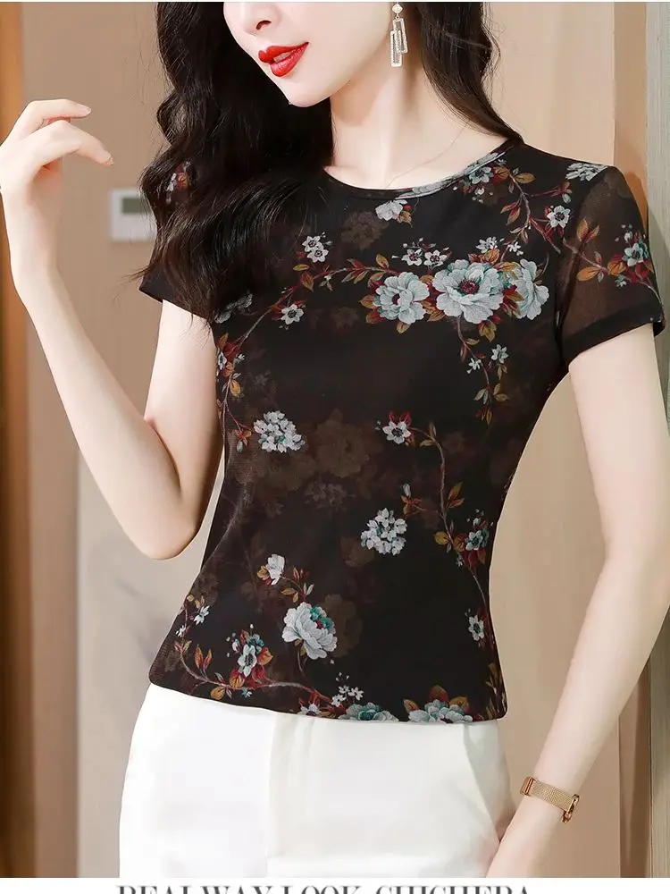 Mesh-T-Shirts-Women-s-O-Neck-Short-Sleeve-Printing-Floral-Elastic-Tee ...