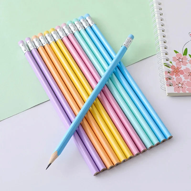 100pcs-Macaron-Wood-Pencil-With-Eraser-Triangle-Shiny-Rubber-Head ...