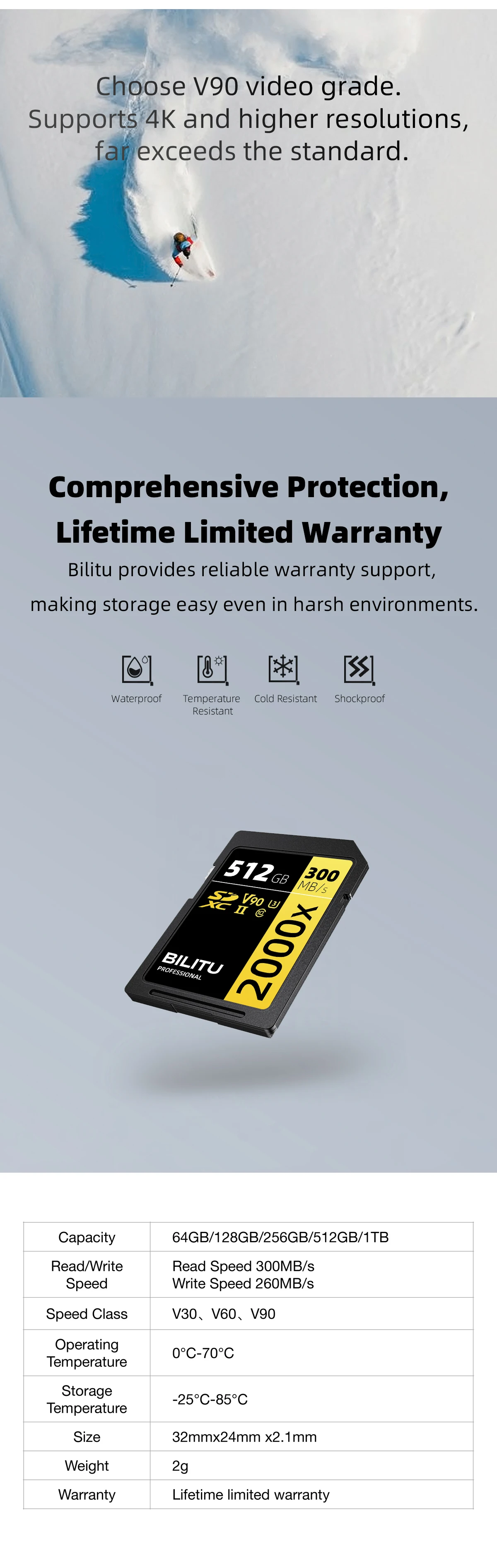 Карта памяти BILITU SD V90 V60V30, скорость чтения до 300 МБ/с, 128 ГБ ...