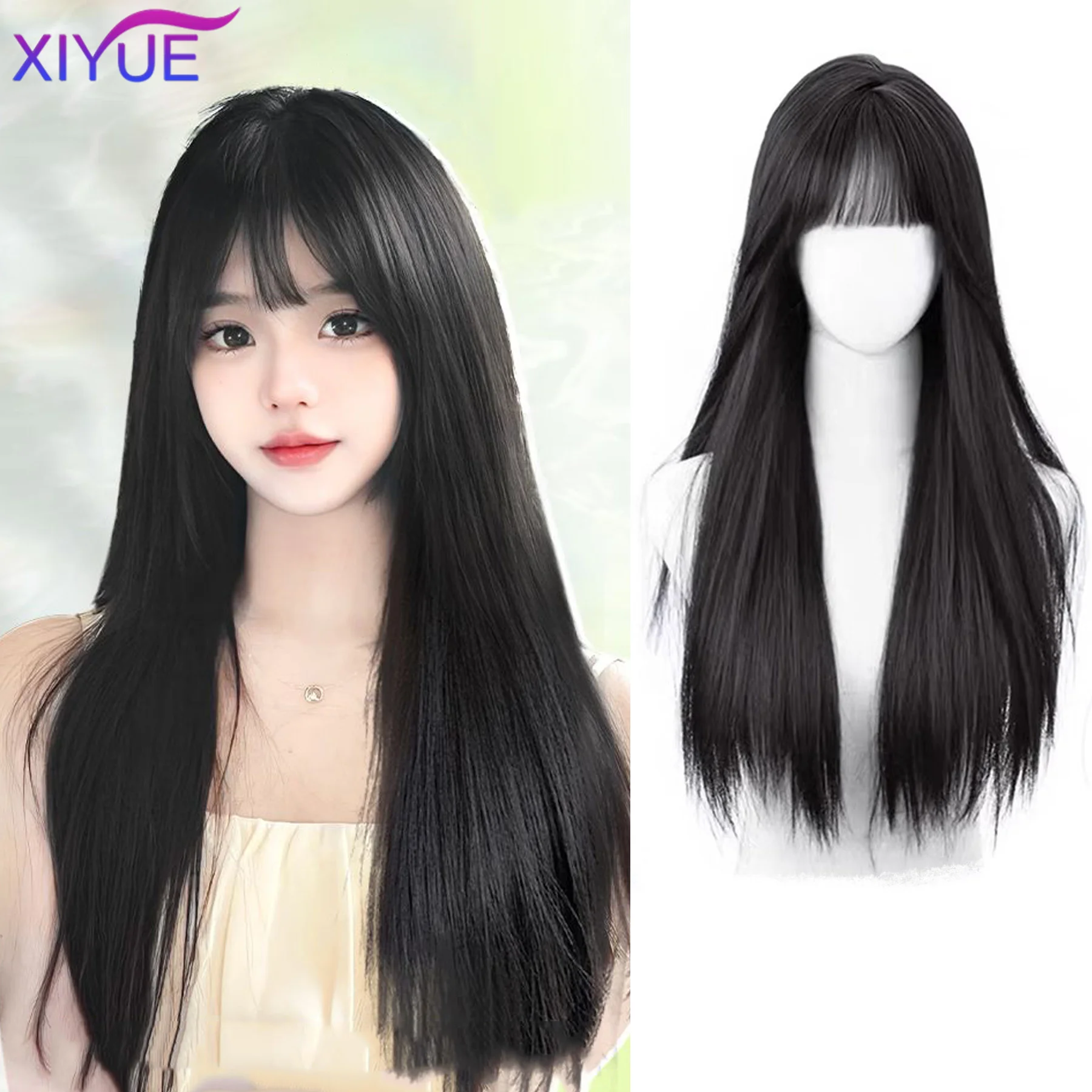XIYUE Long Silky Straight Synthetic Wigs with Bangs Black Cosplay Party ...