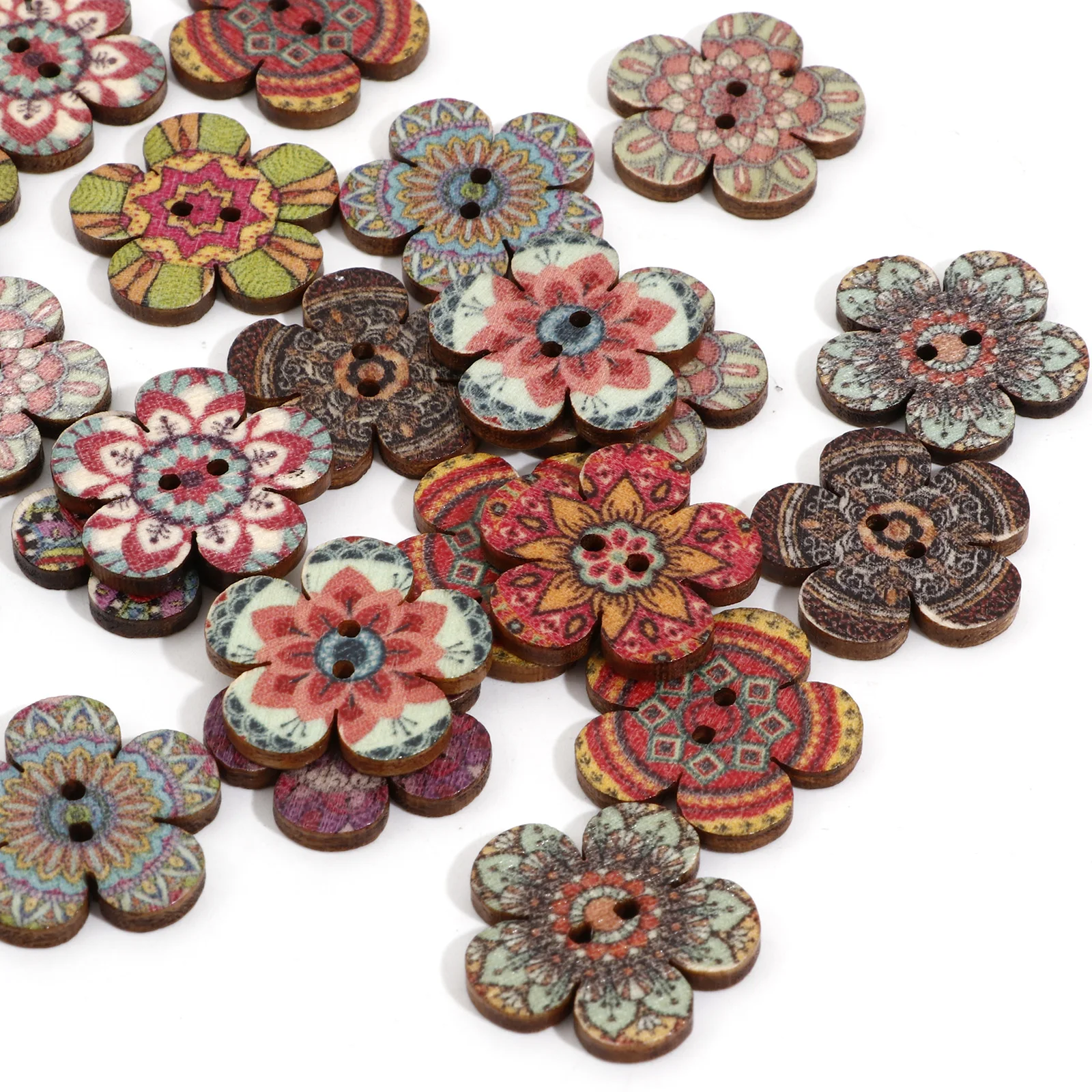 50 PCs Wood Ethnic Sewing Buttons Scrapbooking 2 Holes Flower At Random ...