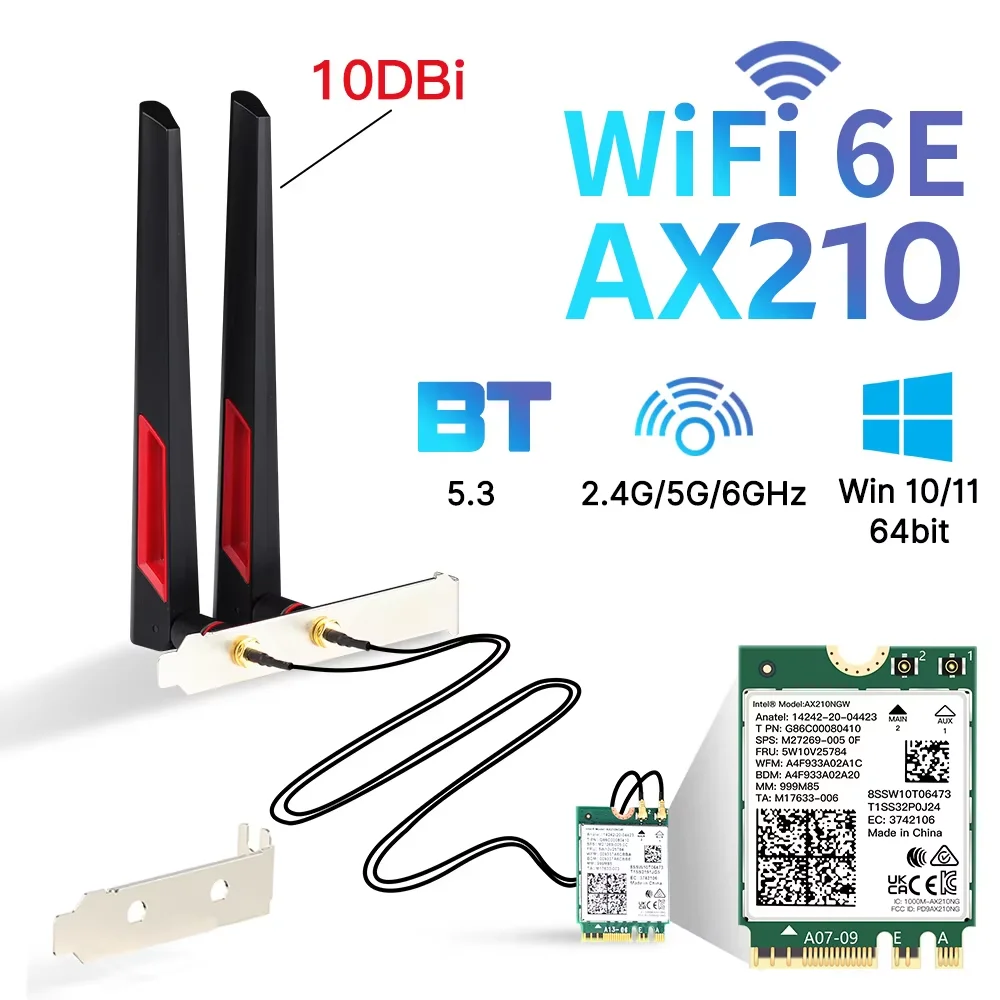 Tarjeta Wi-Fi 6E Intel AX210 802.11ax de 5374 Mbps, Bluetooth 5.3, MU ...