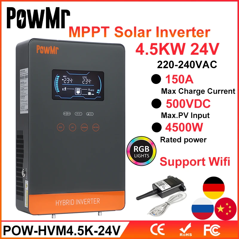 PowMr 4500W 24V Hybrid Inverter 230VAC 6.25นิ้วหน้าจอ LCD และ Touch ...