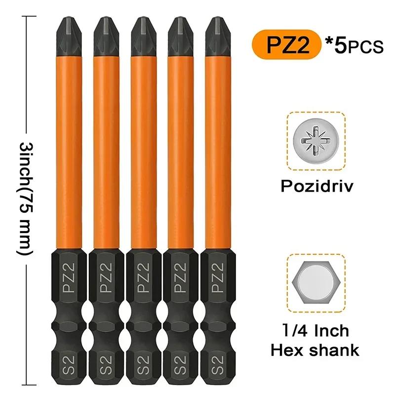 5Pcs-PZ2-Impact-Screwdriver-Bits-Set-75mm-Pozidriv-Driver-Bit-Screw ...