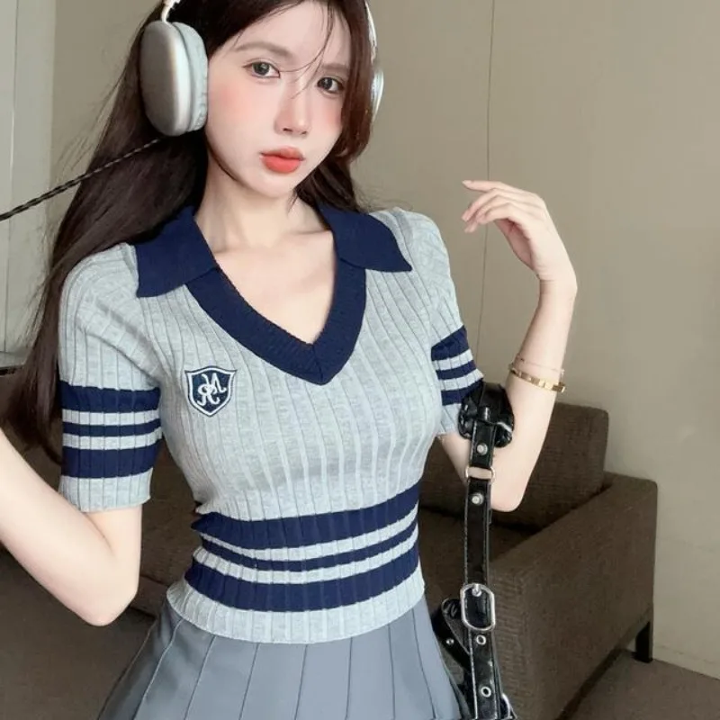 Polo-Retro-para-mujer-su-ter-de-punto-camiseta-de-manga-corta-Tops ...