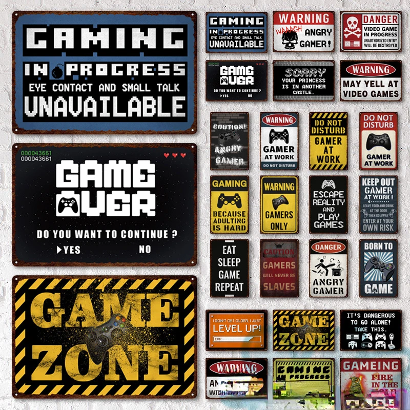 Game Zone Tin Sign Metal Signs Vintage Gamer At Work Warning for Home ...