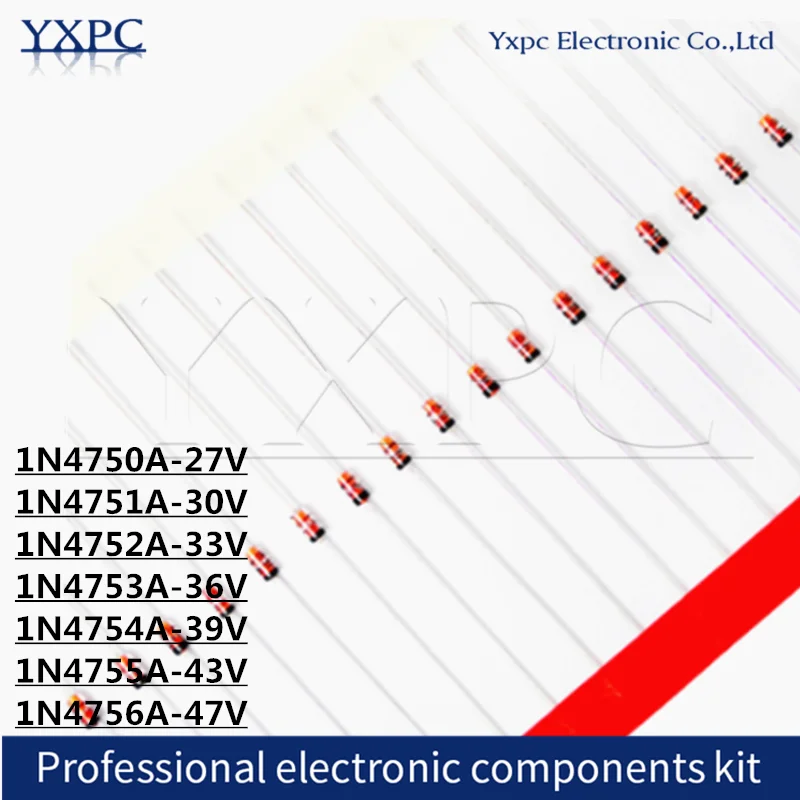 100pcs 1w Zener Diode 1n4750a 27v 1n4751a 30v 1n4752a 33v 1n4753a 36v 1n4754a 39v 1n4755a 43v ...