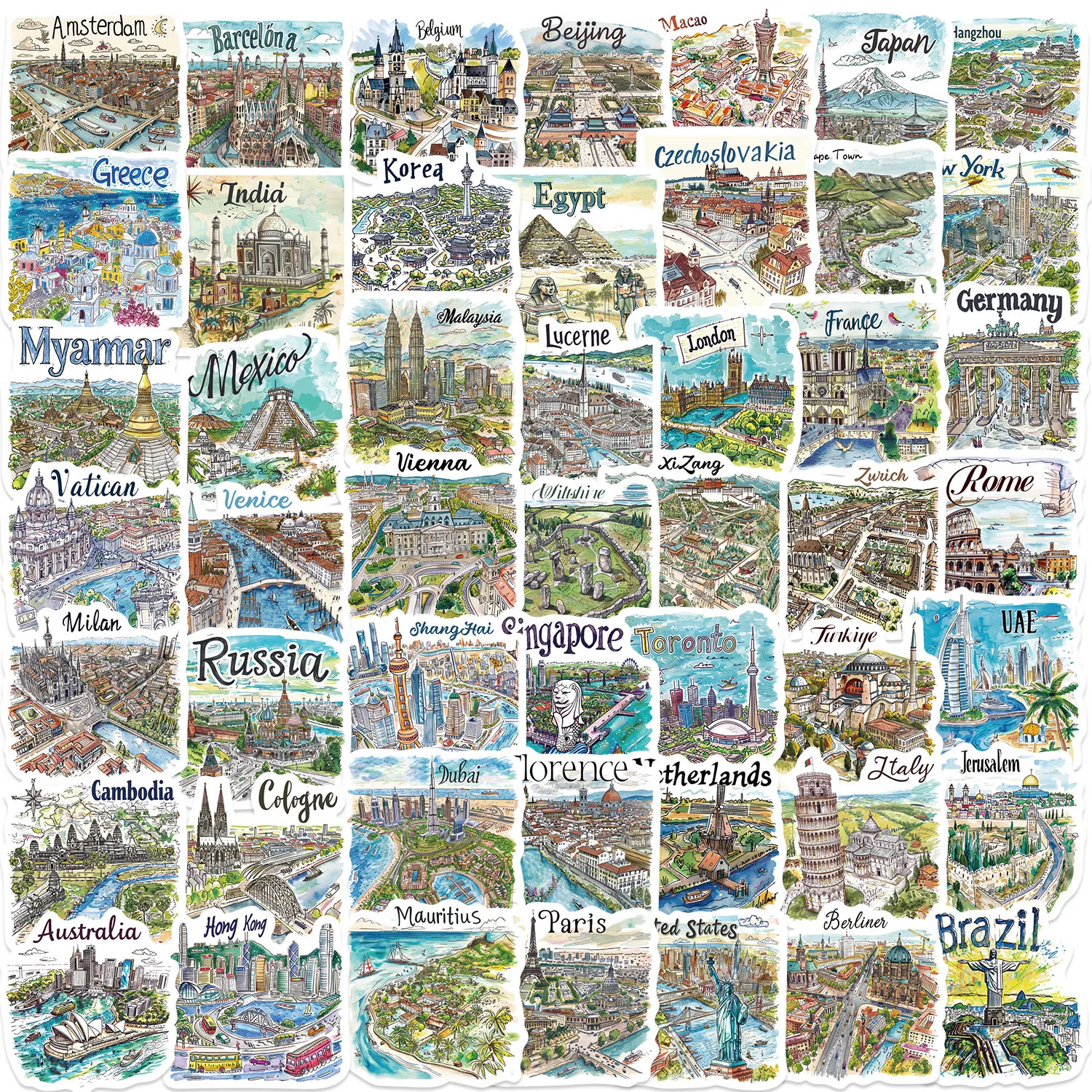 50pcs-Global-Travel-City-Logo-Sticker-World-Map-Decorative-For-Notebook ...