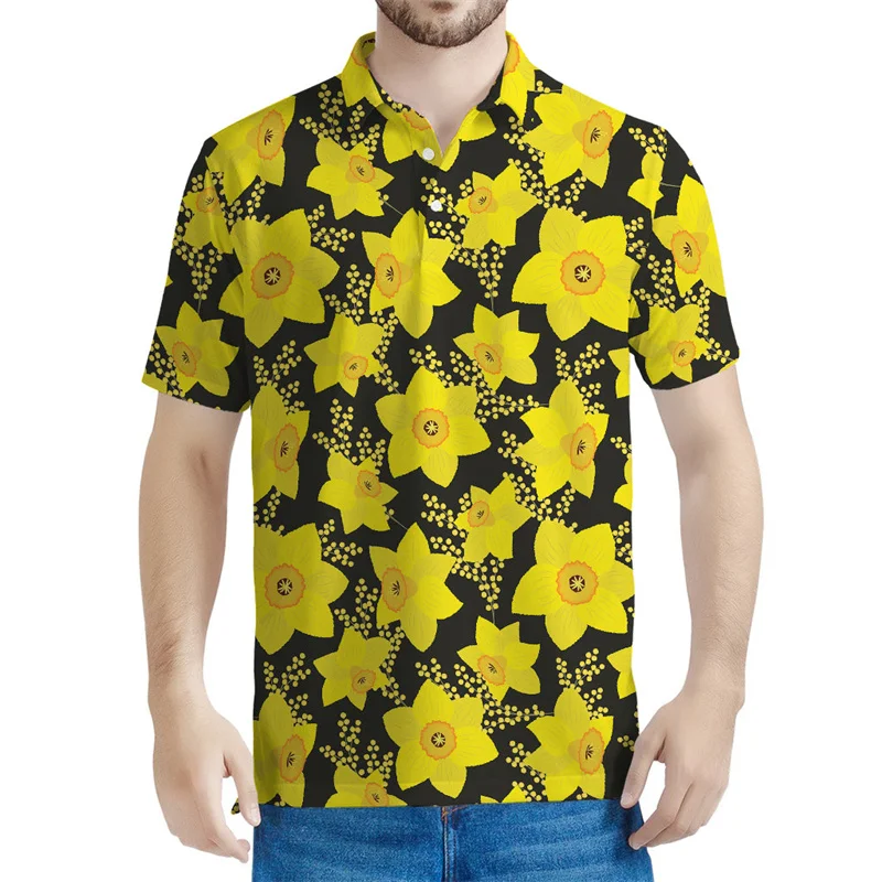 New Style Yellow Daffodil 3d Print Floral Polo Shirt Men Summer Casual ...