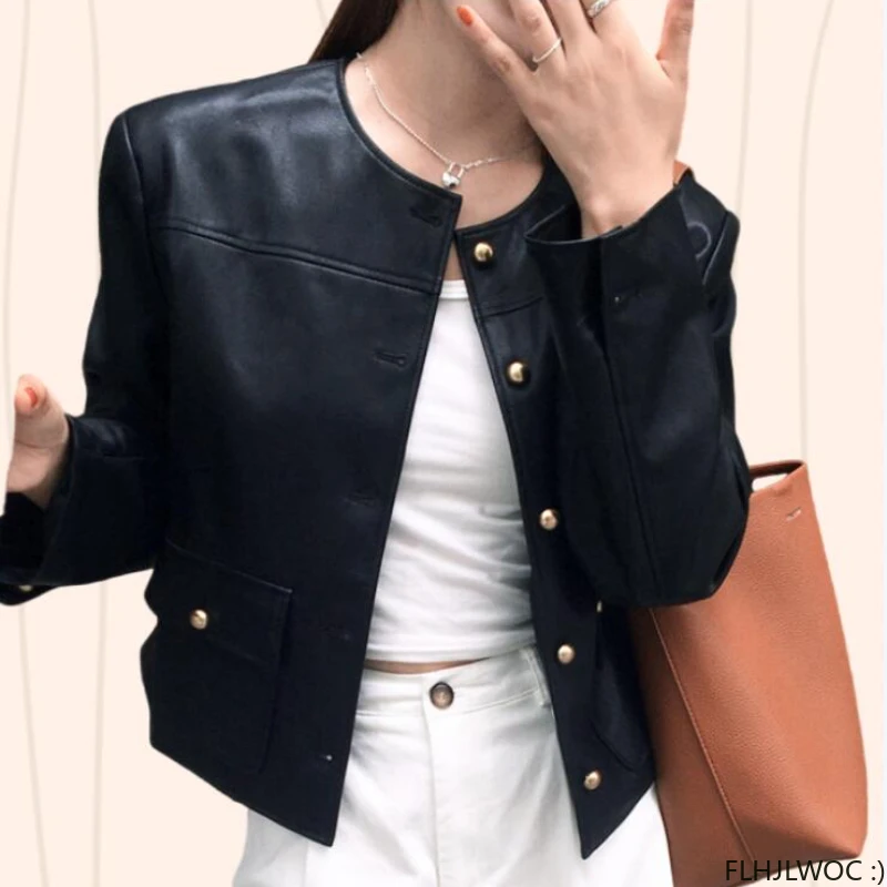 2023-Autumn-Short-Coats-Outerwear-High-Street-Cute-Fashion-Pockets-Zipper-Solid-Black-Leather-PU ...