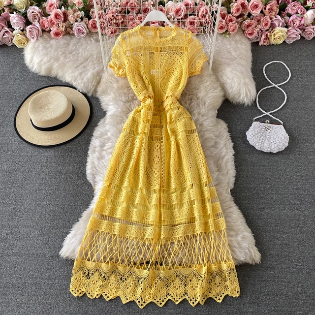 Casual Yellow Lace Dress