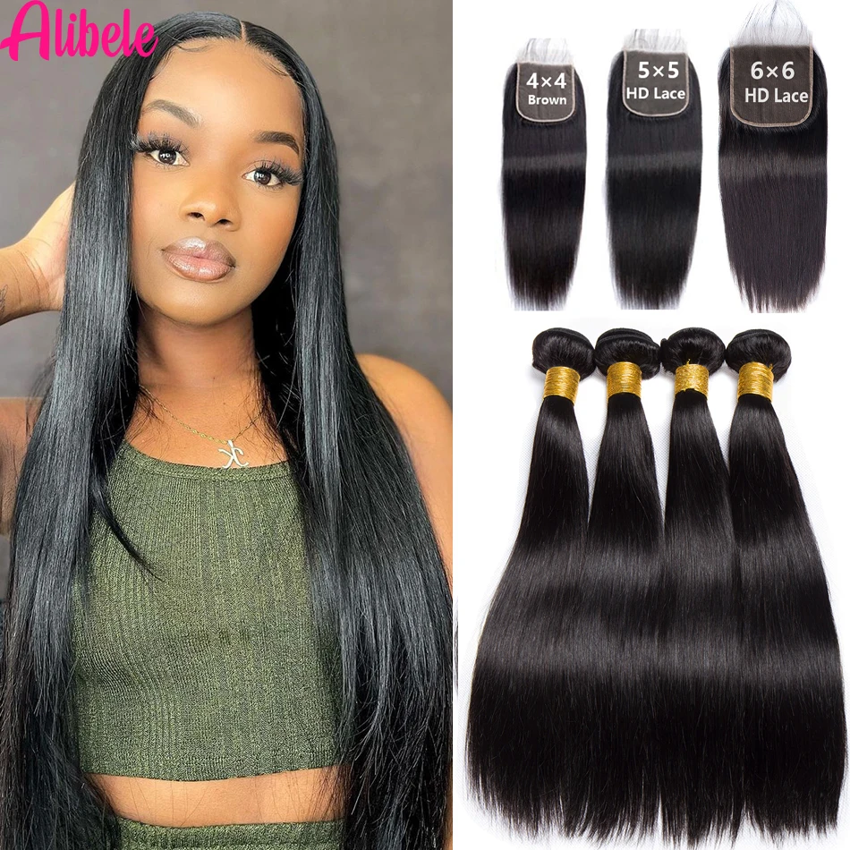 Alibele-5x5-Closure-With-Bundles-Brazilian-Straight-Hair-Bundles-With ...