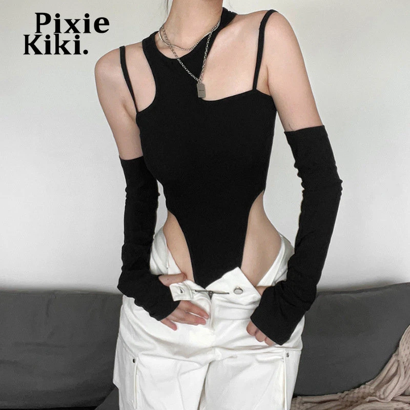 PixieKiki Asymmetrical Cut Out Black Bodysuit Top with Arm Sleeves Y2k Gothic Fall Clothes for ...