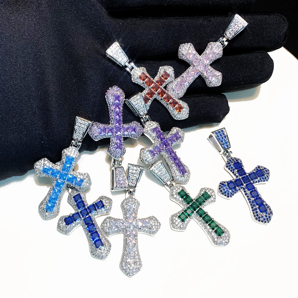 Men Women Colorful Blue Pink Purple Baguette Cz Cross Pendant Necklace ...